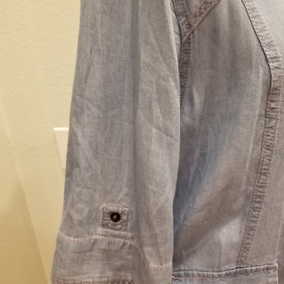 Tops | Short Sleeve Chambray Zip Front Light Cover Up | Poshmark